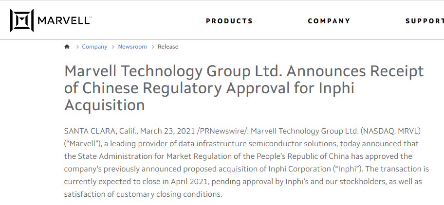 Marvell收购Inphi最新动态：已获中国监管机构批准_该公司