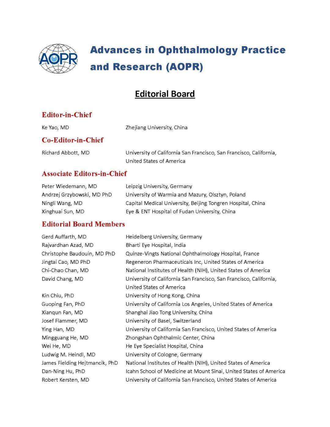 好消息！眼科英文学术期刊AOPR正式创刊，欢迎投稿！_学教授