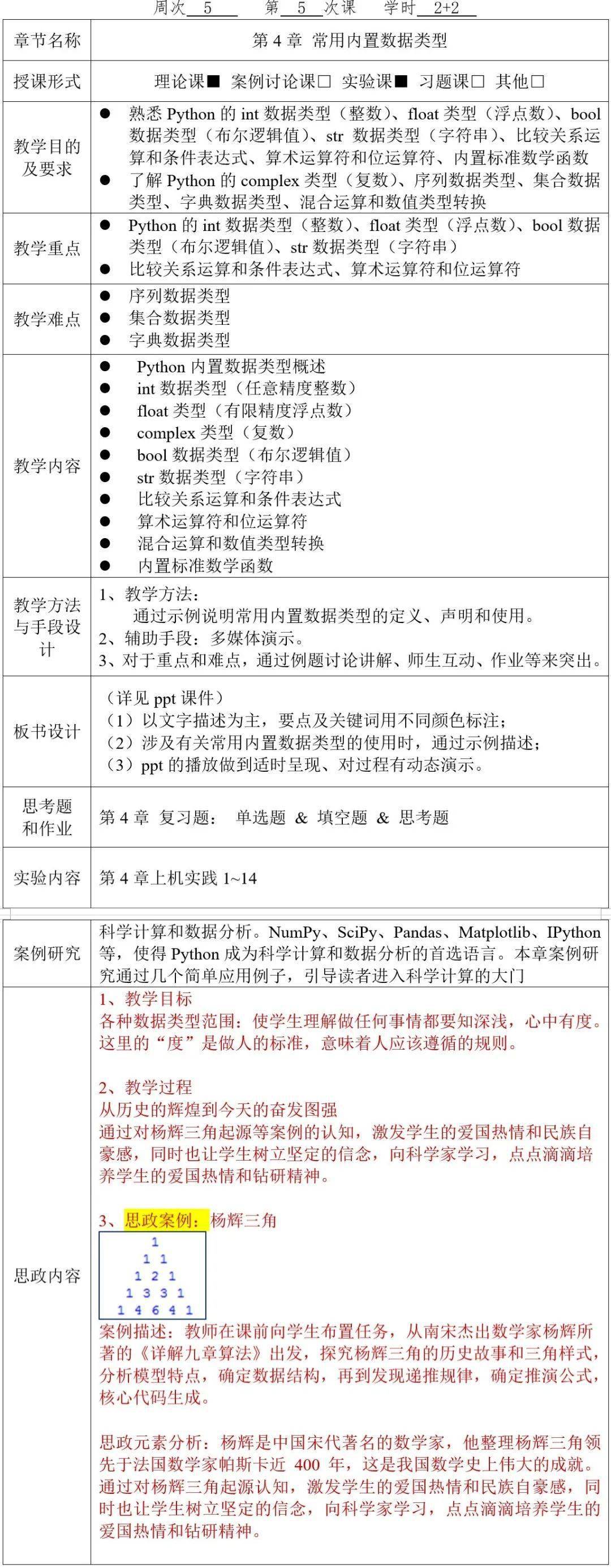 Python程序设计与算法思政版教案（含教学大纲视频实践案例配套资源）语言python教案