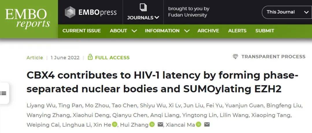 EMBO Reports | 马显才/张辉团队合作揭示CBX4液相分离调控HIV-1潜伏感染的分子机制_研究_病毒_小体
