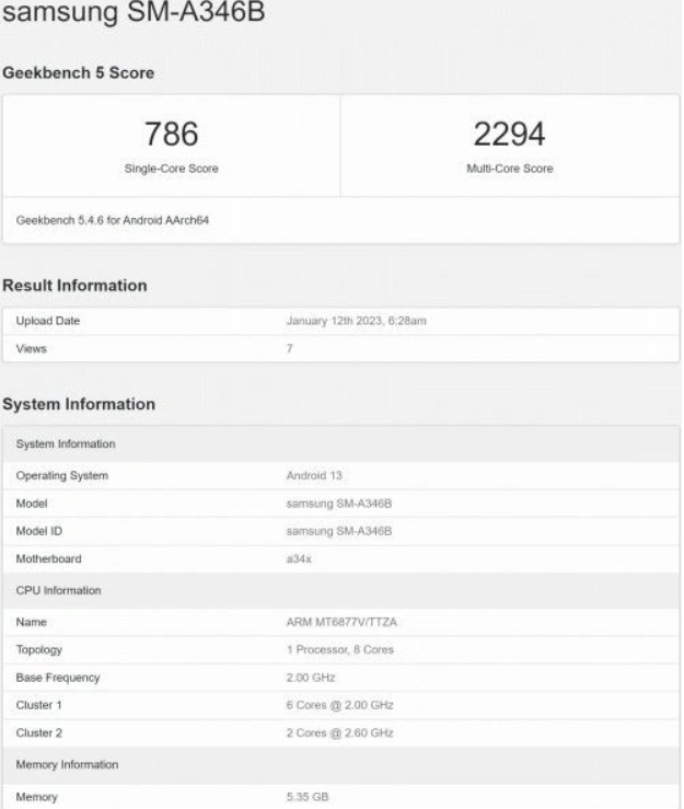 三星 Galaxy A34 5G 现身 GeekBench，搭载天玑 1080 处理器_主频_机型_手机