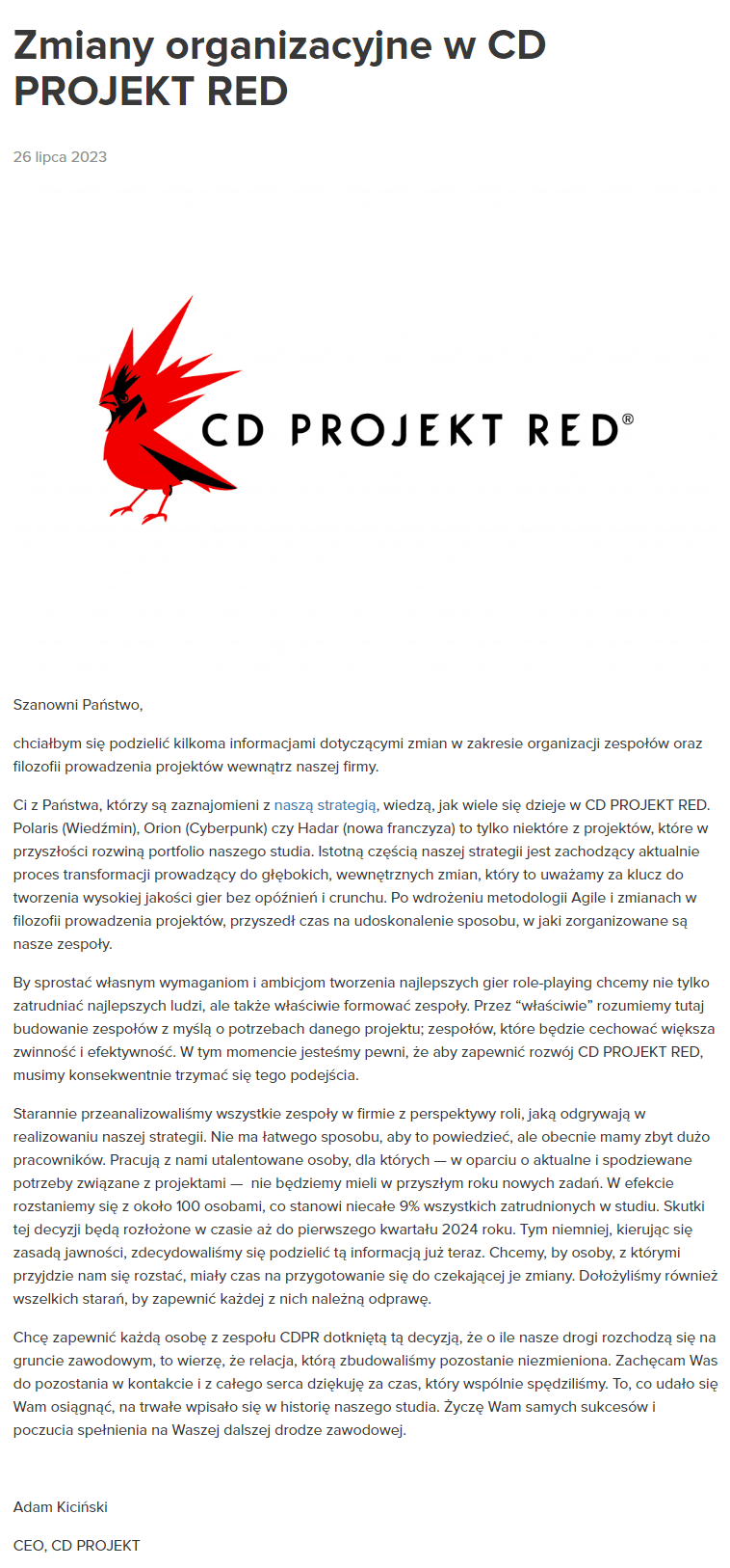 员工“人满为患” 开发商CDPR宣布将裁员9%_团队_代号_的项目