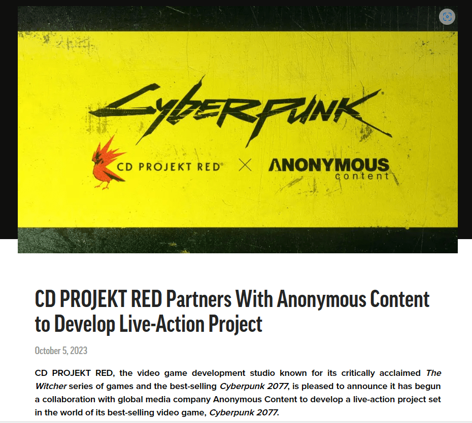 CDPR 将制作《赛博朋克 2077》背景真人影视作品_合作_Content_公司