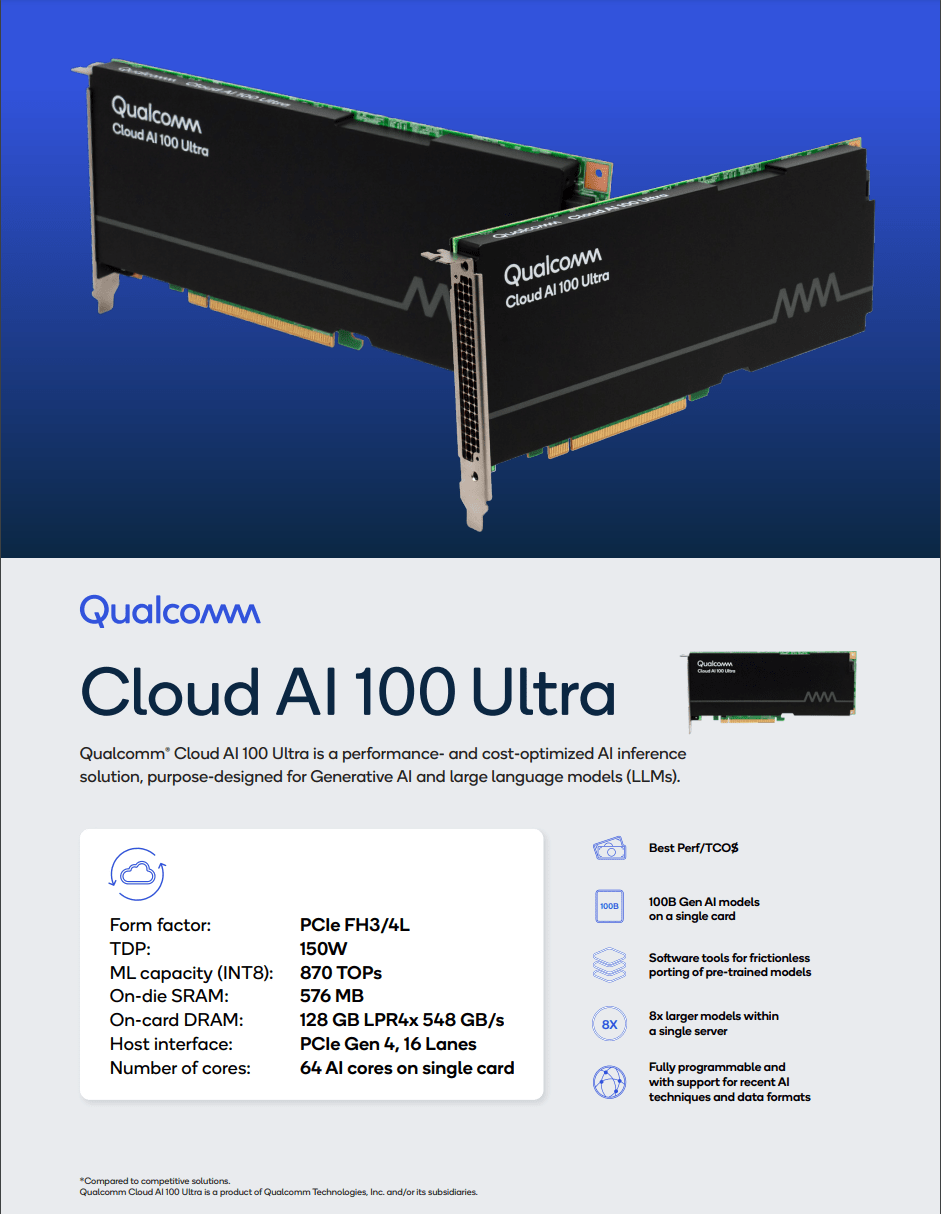 高通推出Cloud AI 100 Ultra云推理卡，单卡可运行100B参数大模型_支持_性能